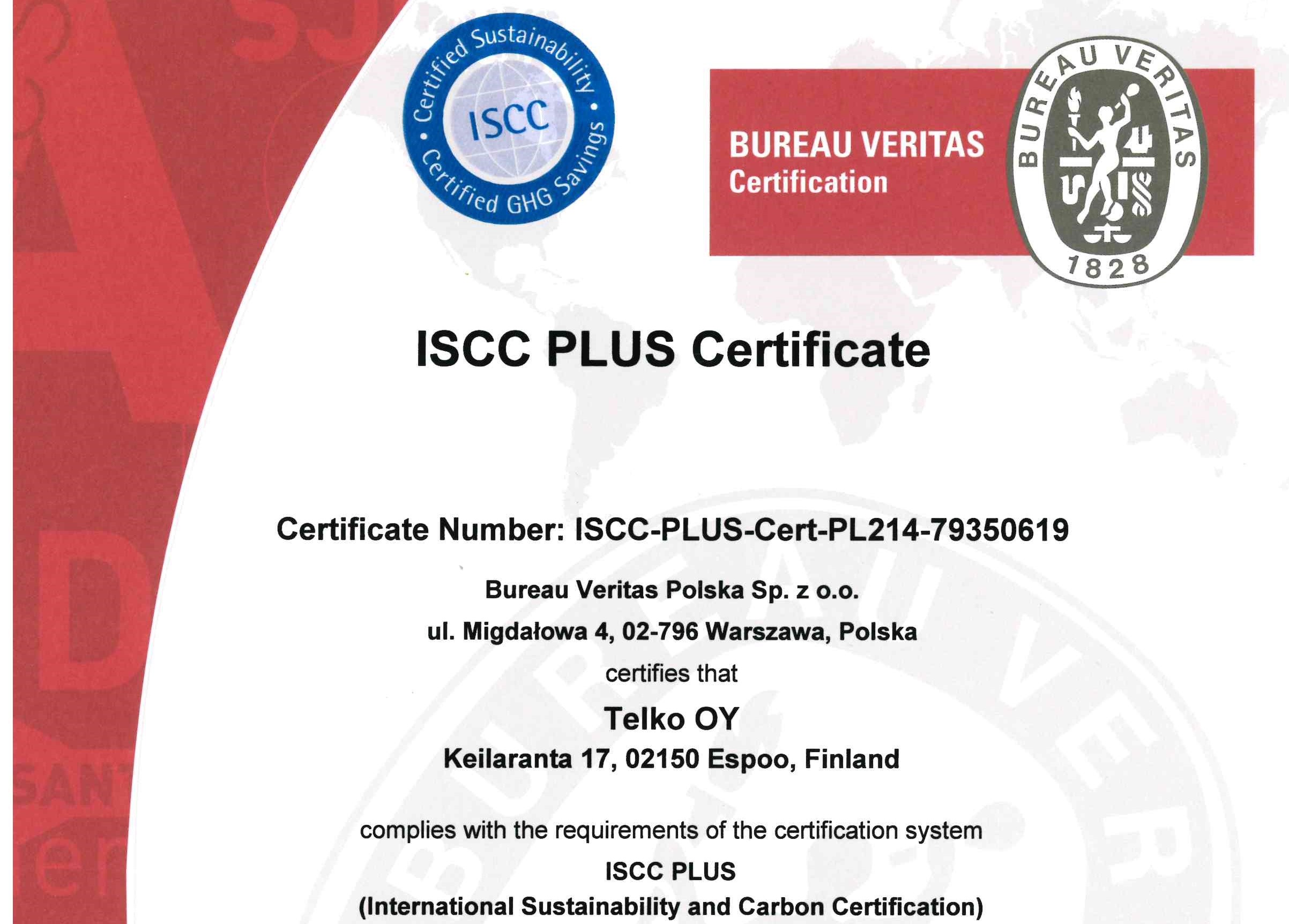 Telko Ltd is now ISCC Plus certified